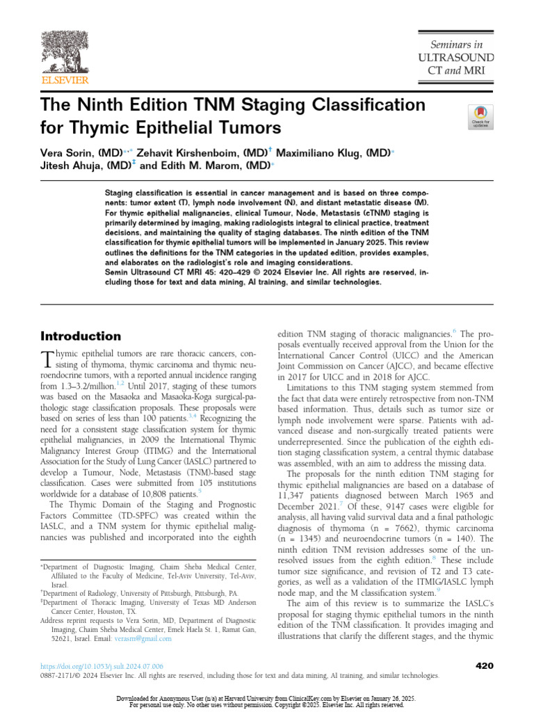 Ninth Edition TNM Staging for Thymic Tumors | PDF | Thymus | Metastasis