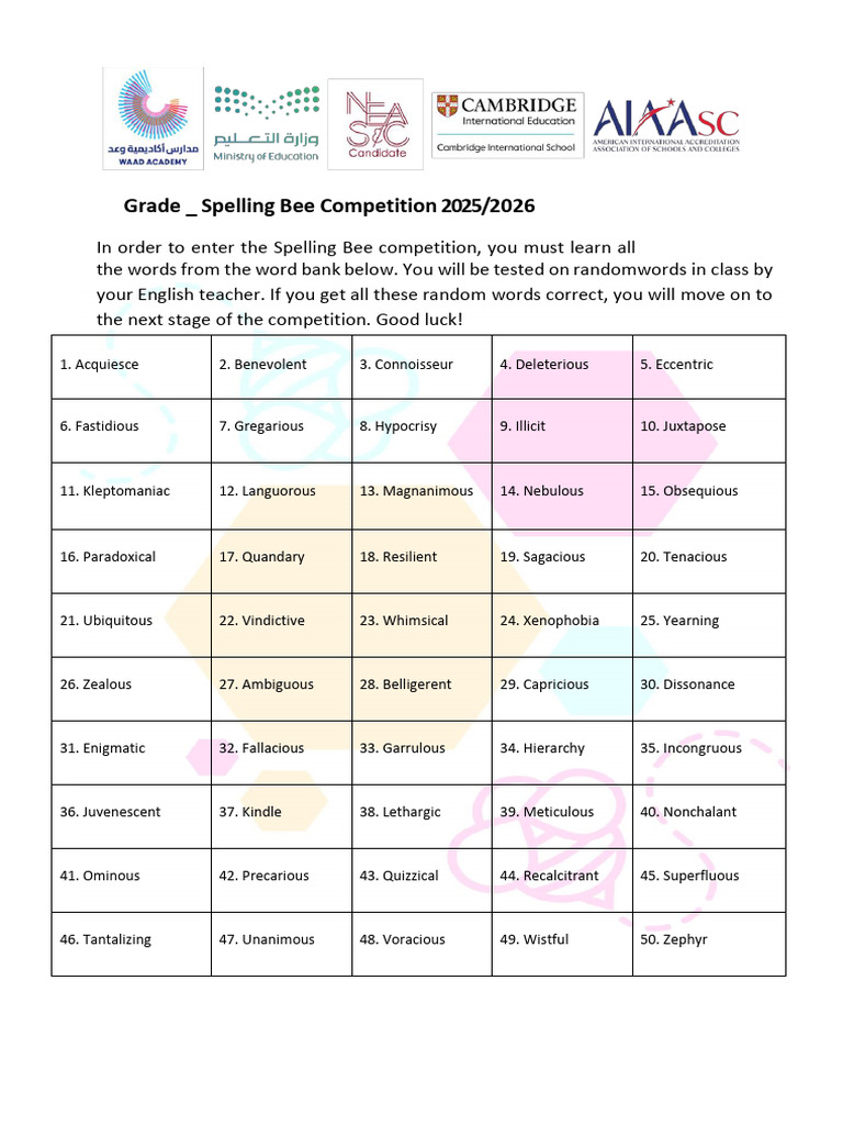 2025-2026 Spelling Bee Word List | PDF