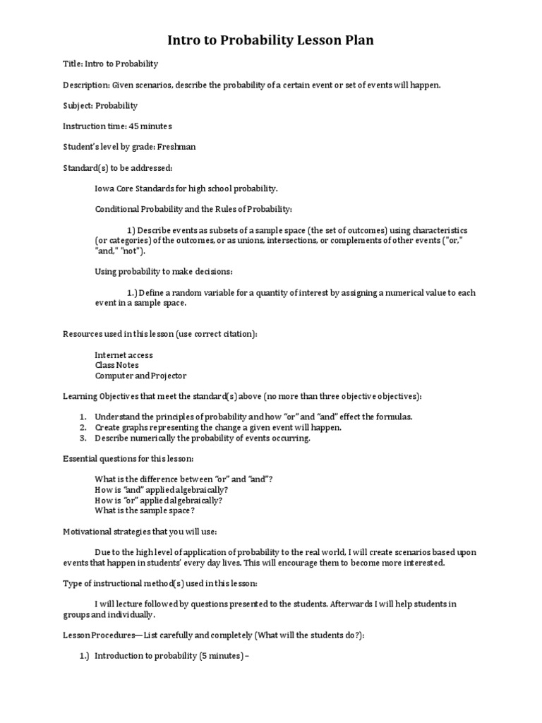 Probability Lesson Plan | Download Free PDF | Probability | Mean