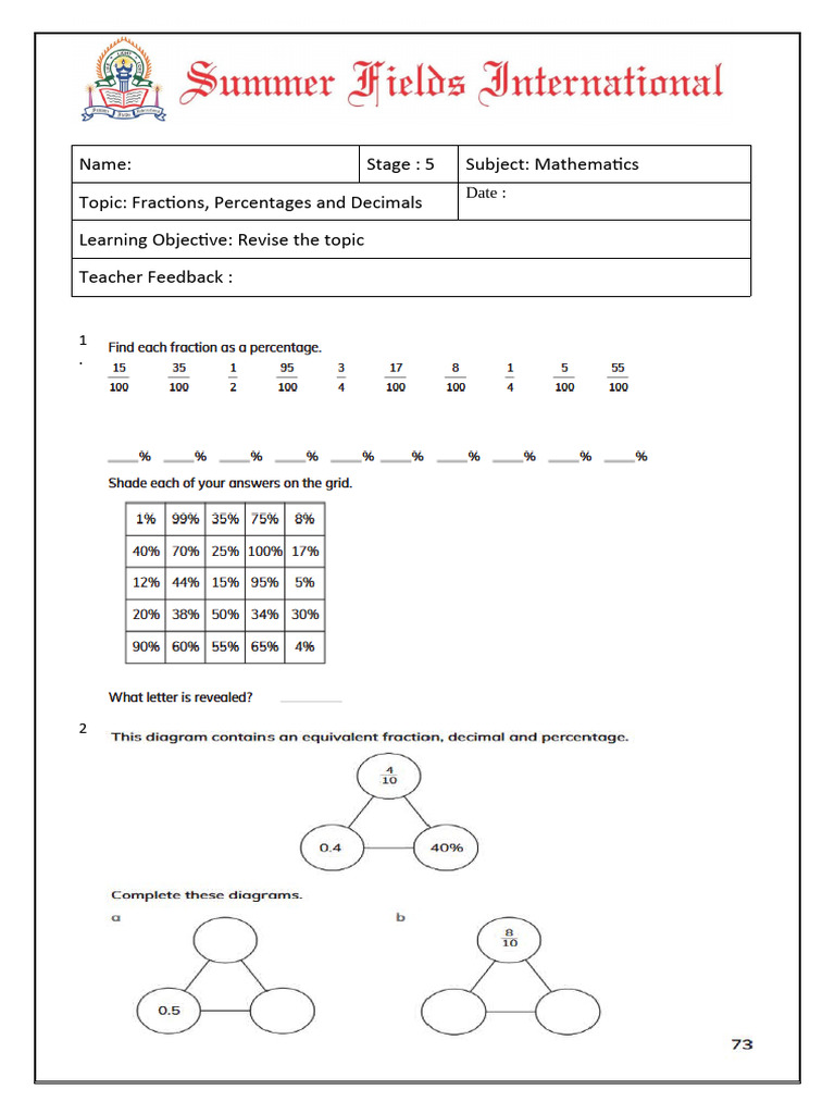 Stage 5 Fractions Worksheet | PDF