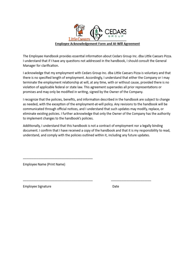CG Employee Acknowledgement Form and At-Will Agreement | PDF