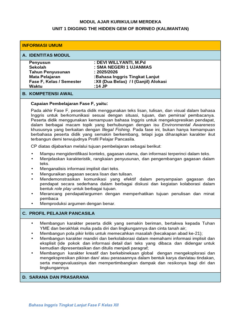 Modul Ajar Bahasa Inggris TK Kurikulum Merdeka | PDF