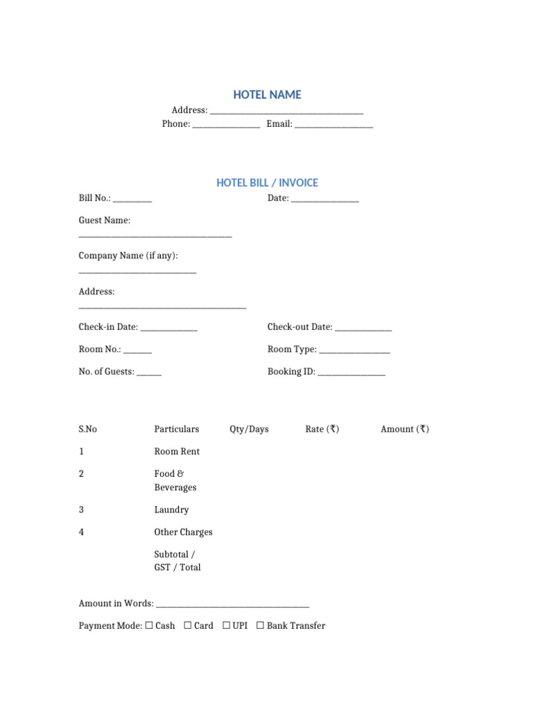 Hotel Invoice Template for Guests | PDF