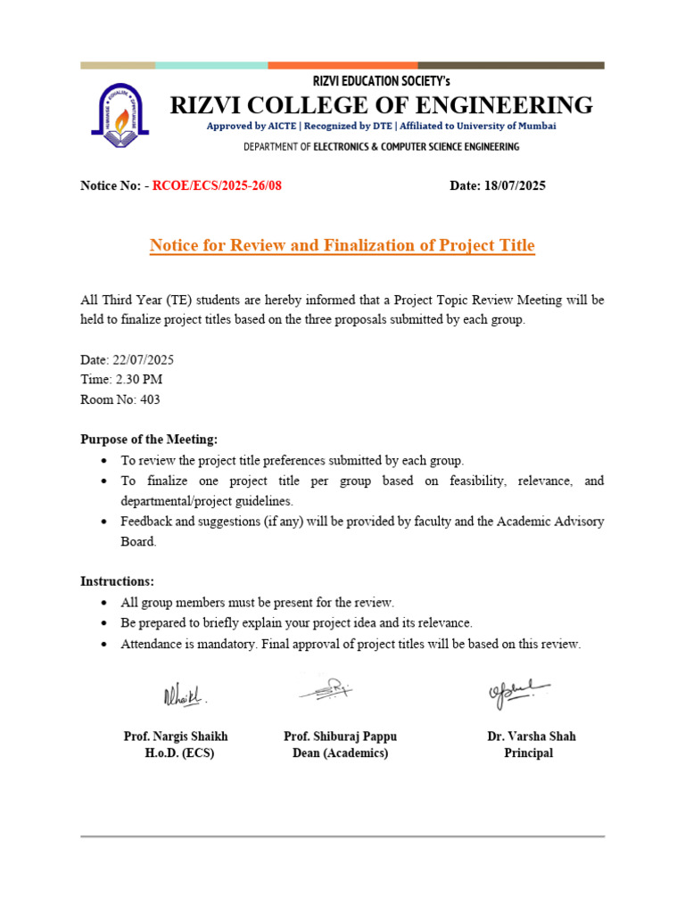 TE ECS Project Title Finalisation Notice 2025-26 | PDF
