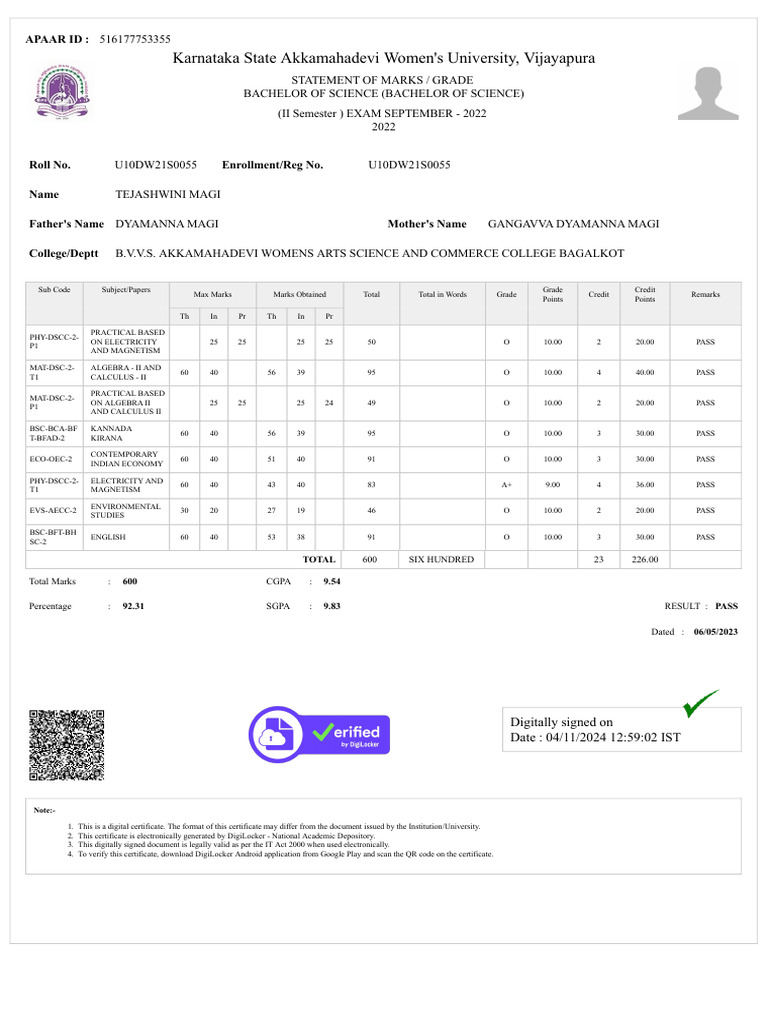 B.Sc. II Semester Marks Statement | PDF