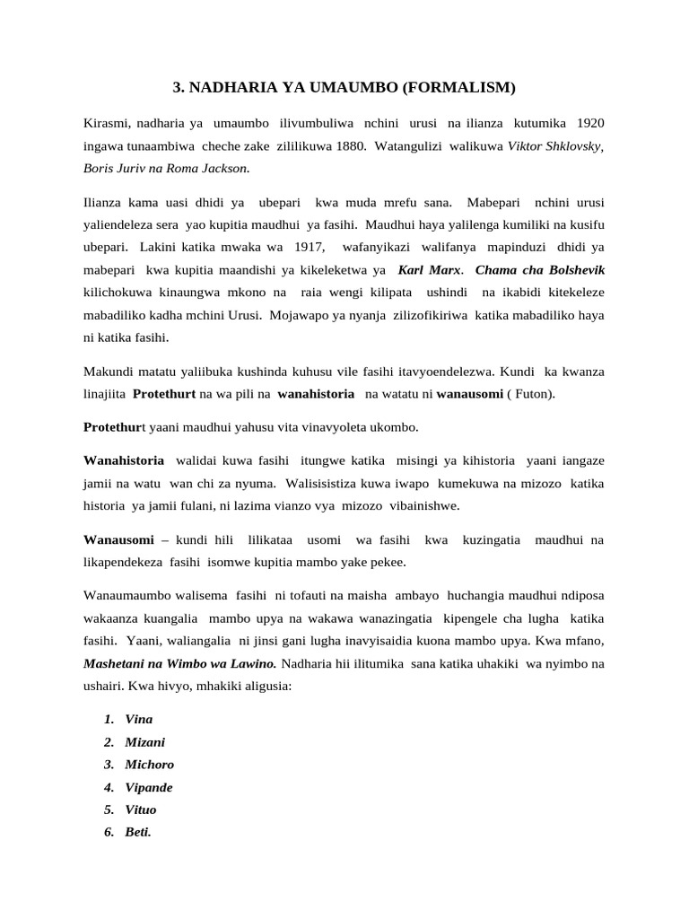 Somo La Nne - Nadharia Ya Umaumbo (Formalism) | PDF