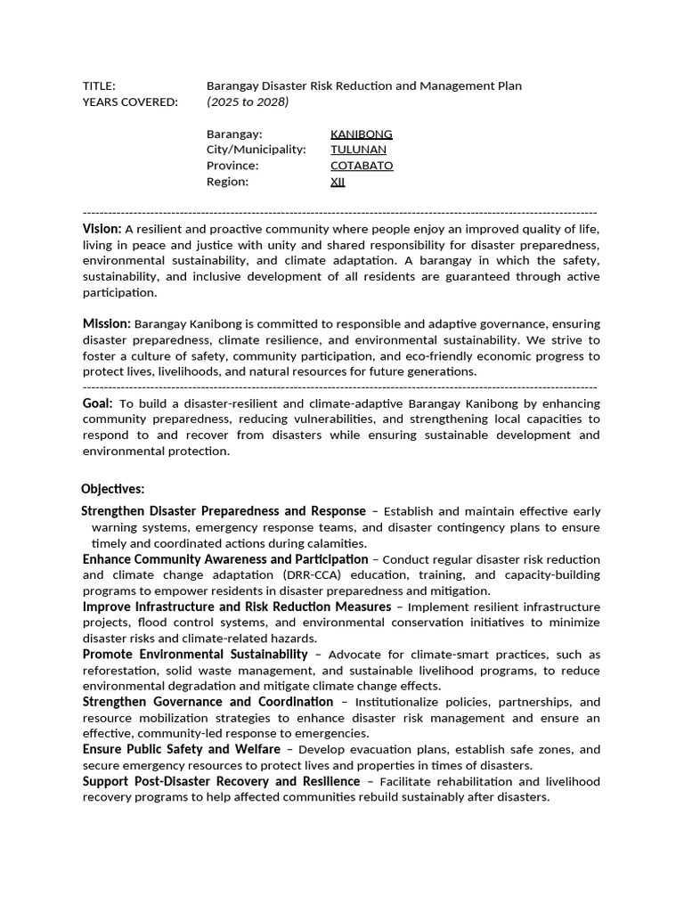 Kanibong BDRRM Plan (Edited) 2 | PDF | Natural Disasters | Emergency Management