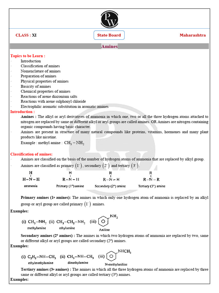 Amines - Short Note - Parishram Maharashtra HSC 2026 | PDF | Amine ...