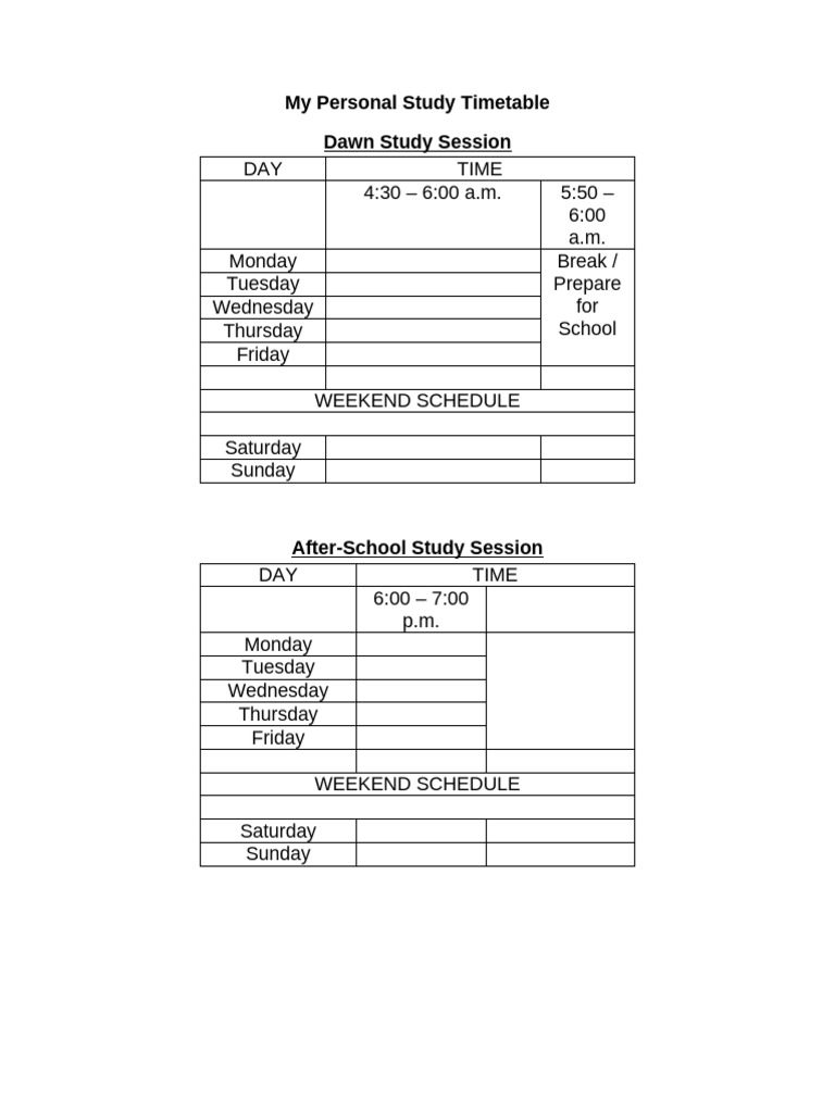 Personal Study Timetable Example | PDF