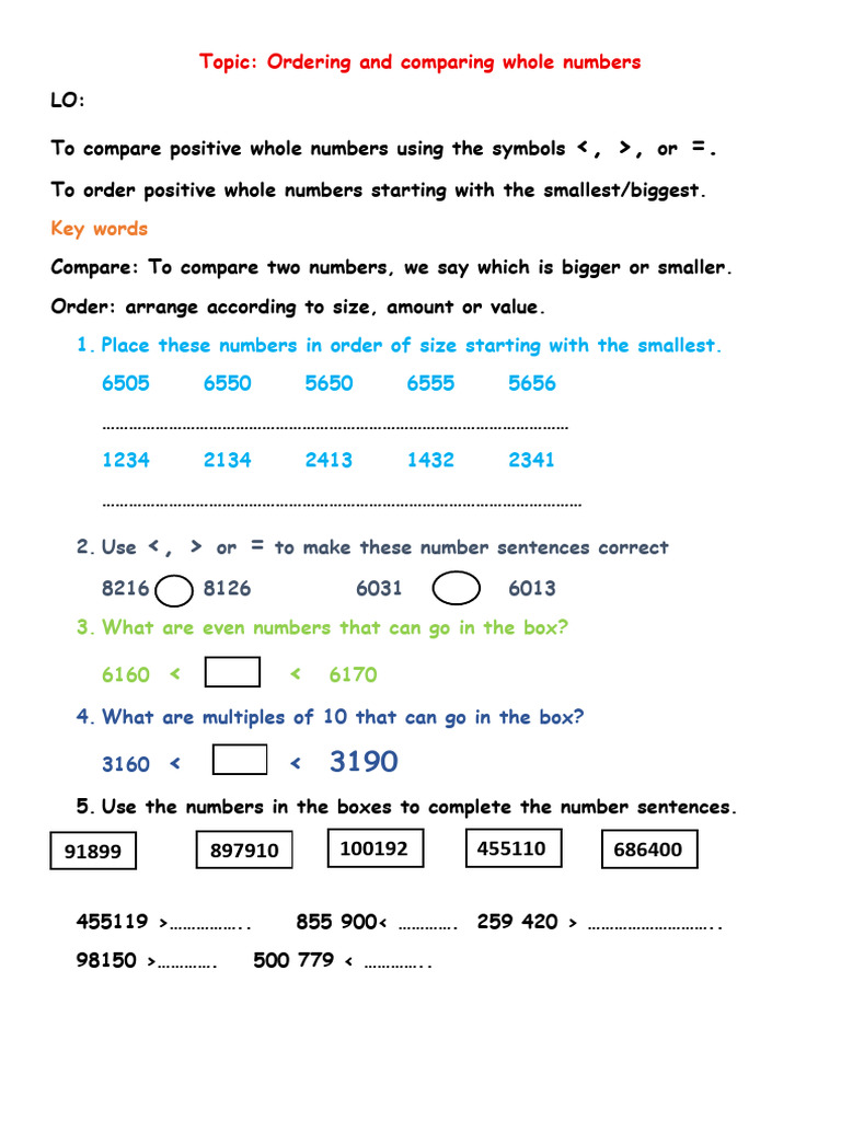 Comparing and Ordering Whole Numbers | PDF