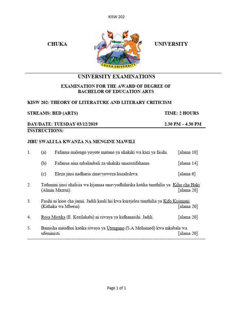 KISW 202: Literature Theory Exam Guide | PDF