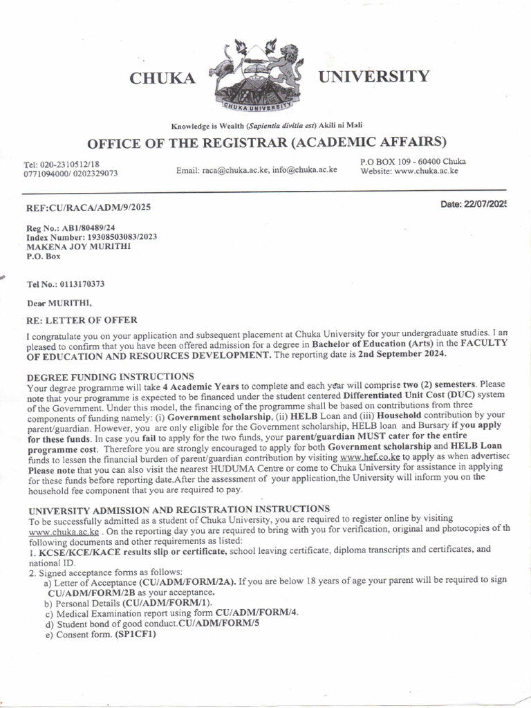 Chuka University Letter Offer | PDF