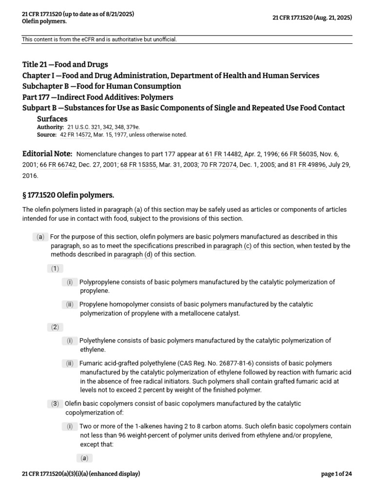 21 CFR 177.1520 (Up To Date As of 8-21-2025) | PDF | Copolymer | Polymers