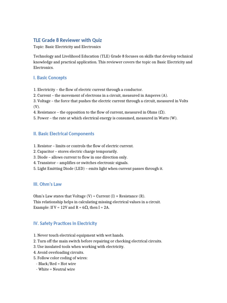 Grade 8 TLE: Electricity & Electronics Review | PDF | Electric Current ...