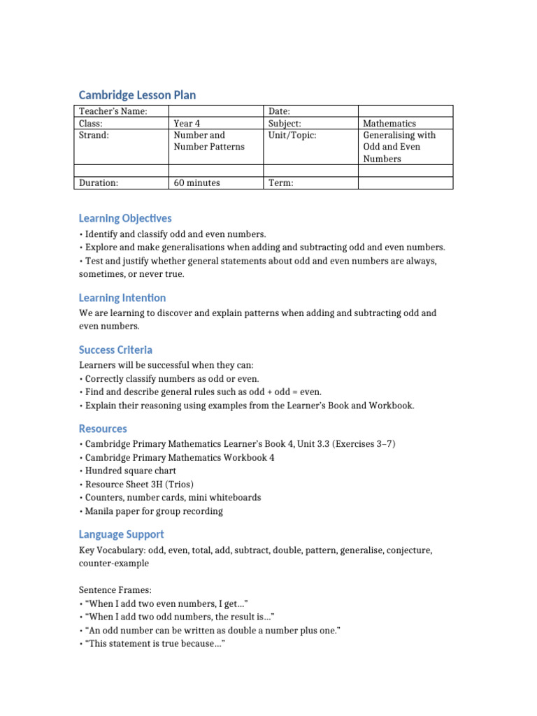 Cambridge Lesson Plan Odd and Even Numbers | PDF | Mathematics | Human ...