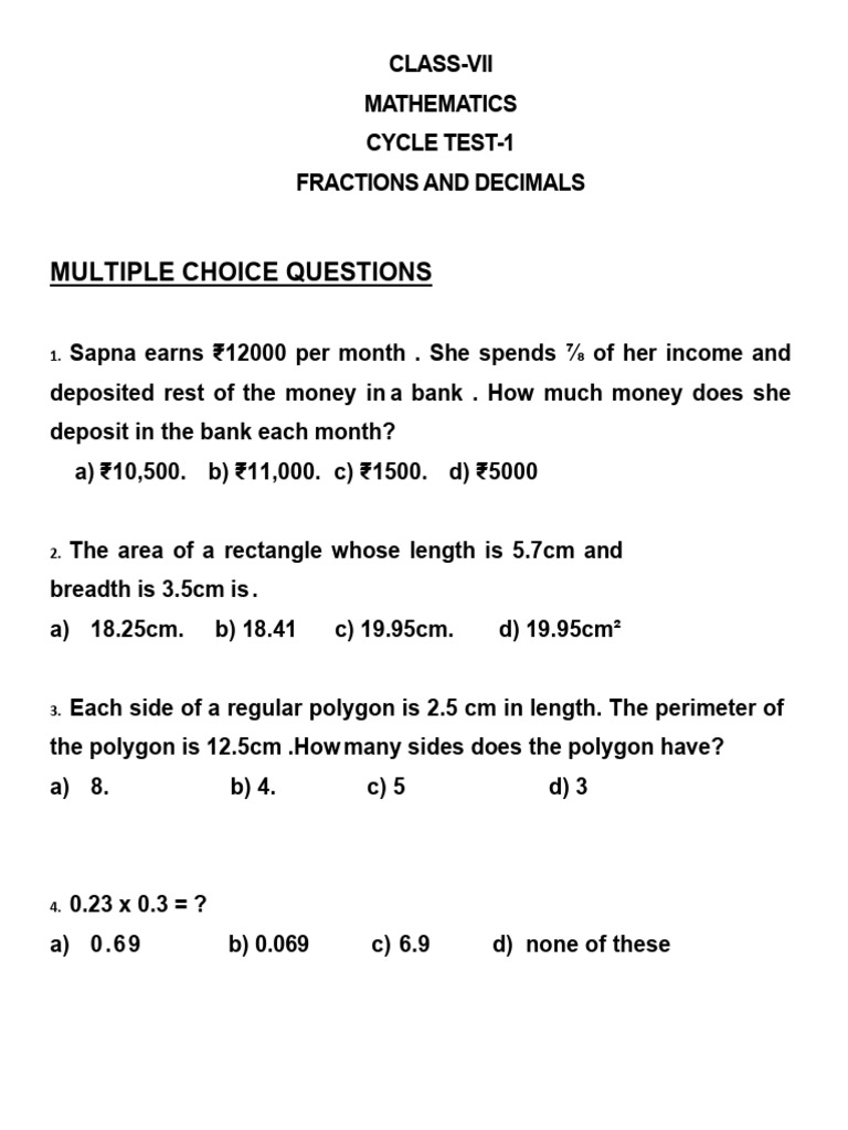 Class VII Math Test: Fractions & Decimals | PDF | Elementary ...