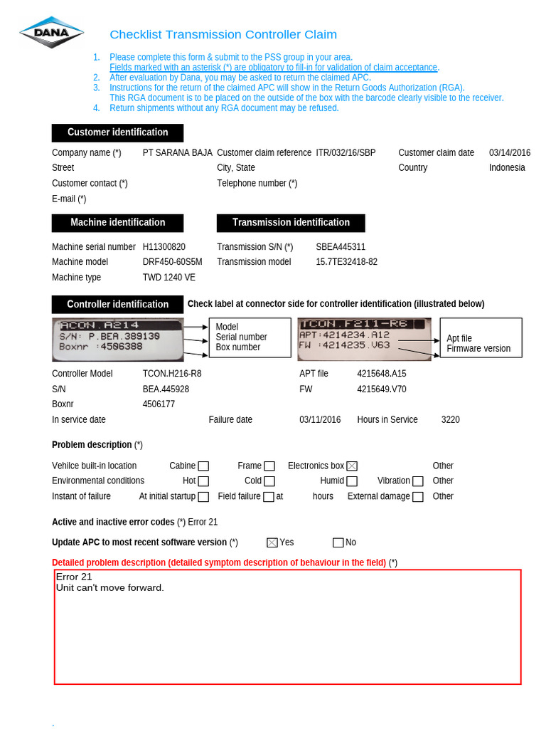 Checklist APC Transmission Dana Controller Claim ITR 032 SBP | PDF ...