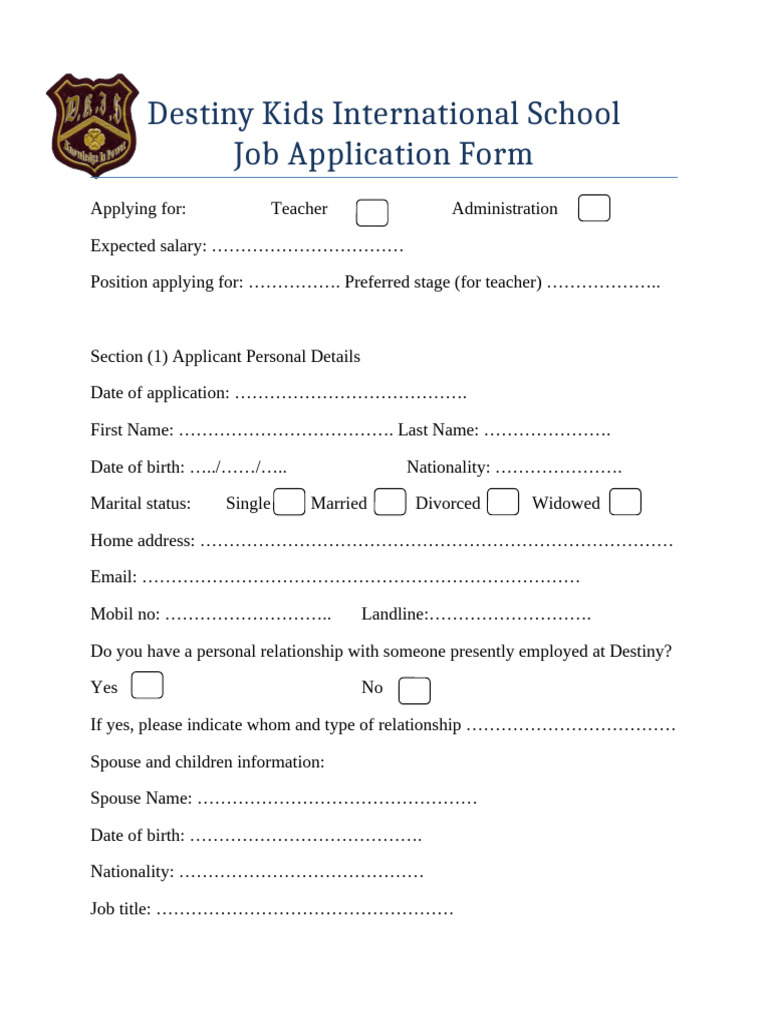 Destiny Kids International School Job Application | PDF
