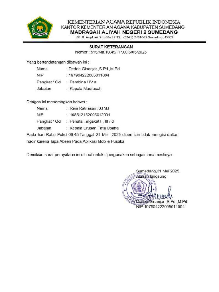 Contoh Suket Lupa Absen | PDF