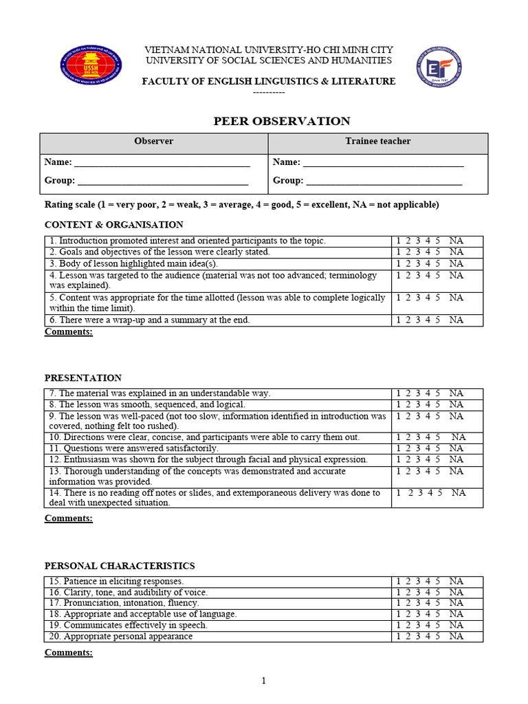 1 Peer Observation Form | PDF | Nonverbal Communication | Behavior ...