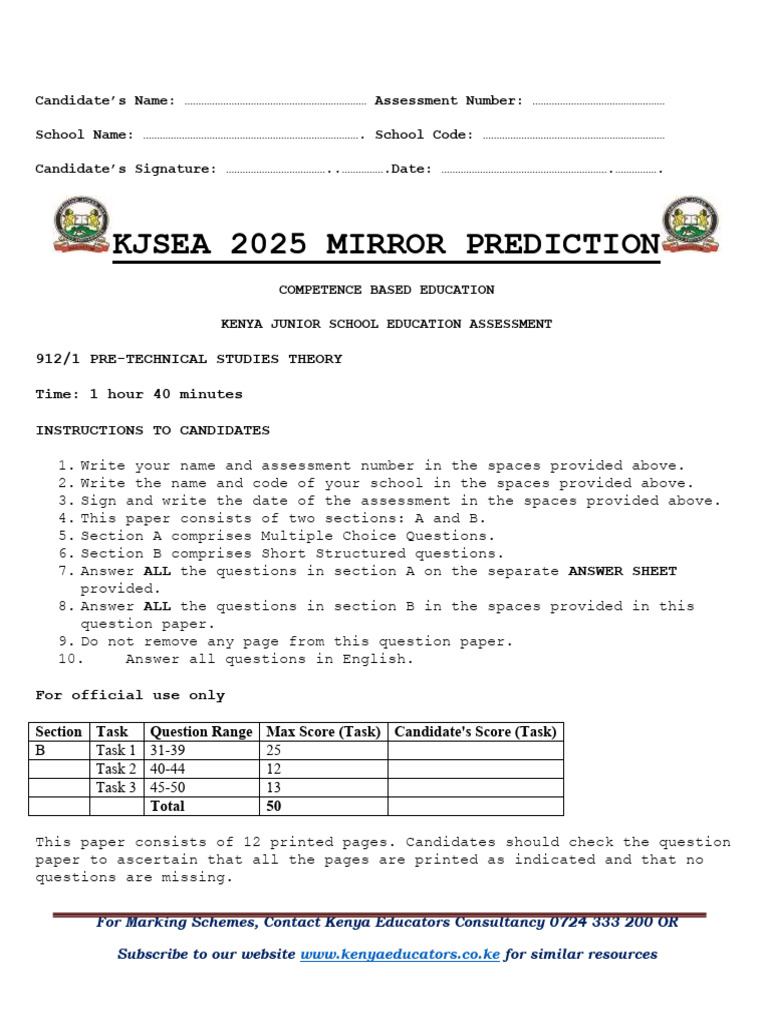 KJSEA 2025 Pre-Technical Studies Exam | PDF | Spreadsheet | Computing