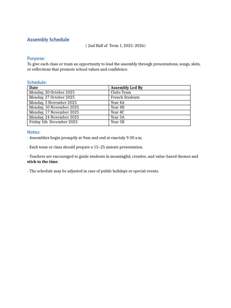 2025-2026 Assembly Schedule Term 1 | PDF