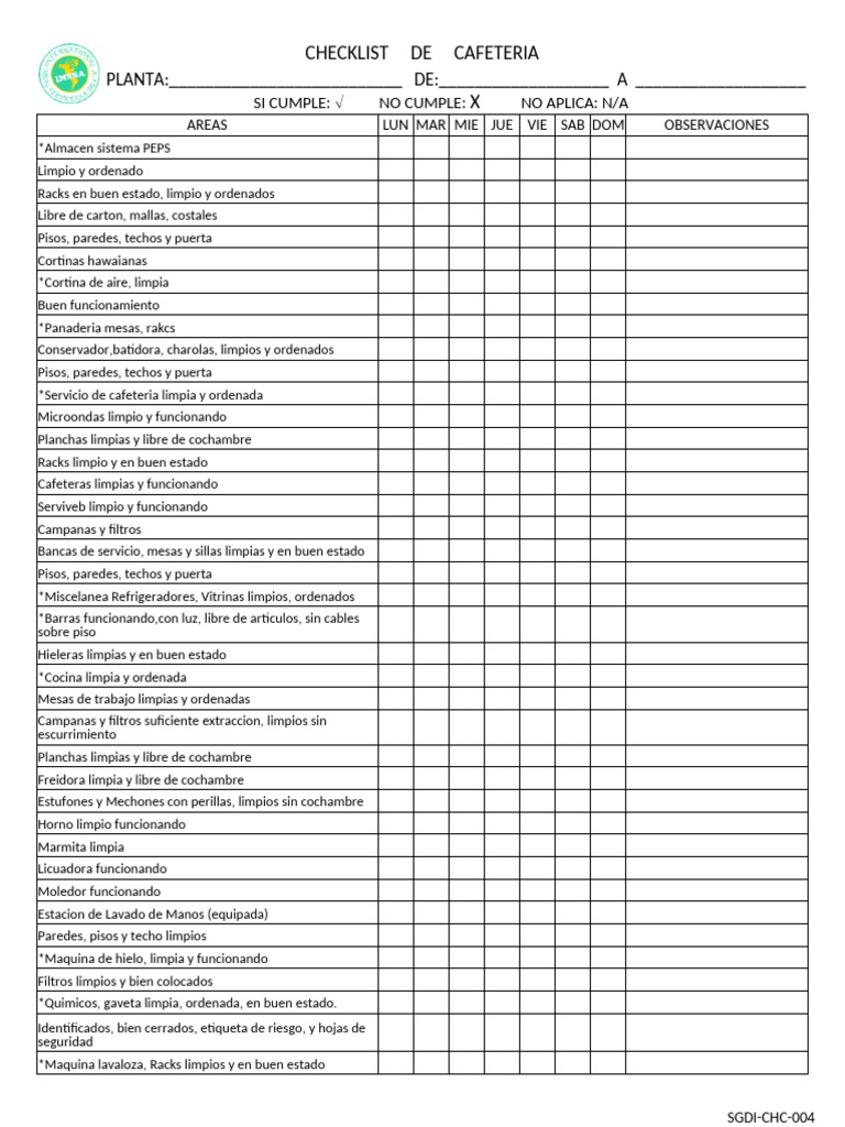 Checklist de Limpieza para Cafetería | PDF | Preparación de comida y bebida