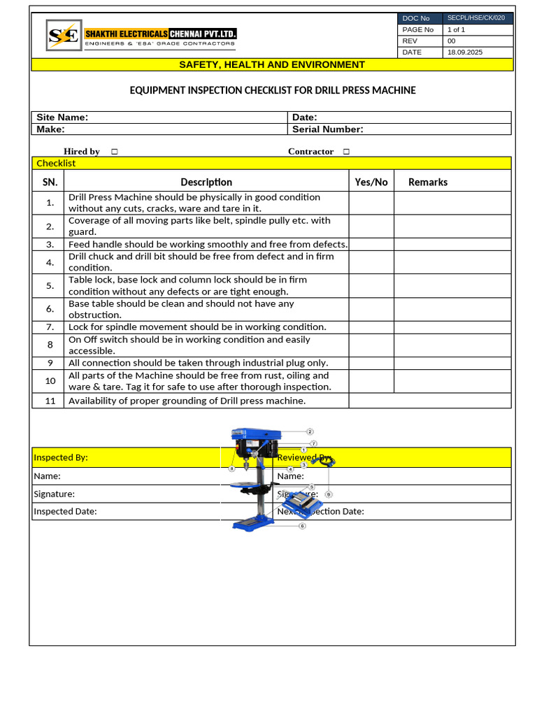 SECPL-HSE-CK-020 Drill Press Machine Checklist | PDF