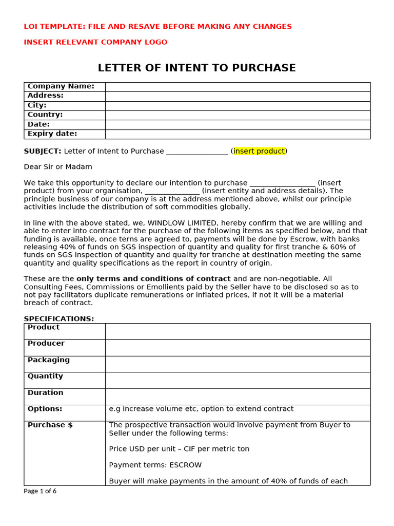 Letter of Intent to Purchase Template | PDF | Private Law | Business Law