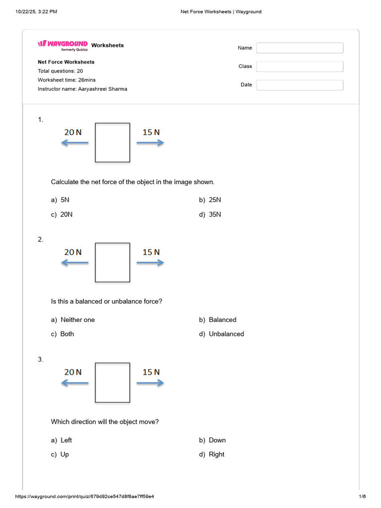 Net Force Worksheets - Wayground | PDF | Force | Physical Quantities