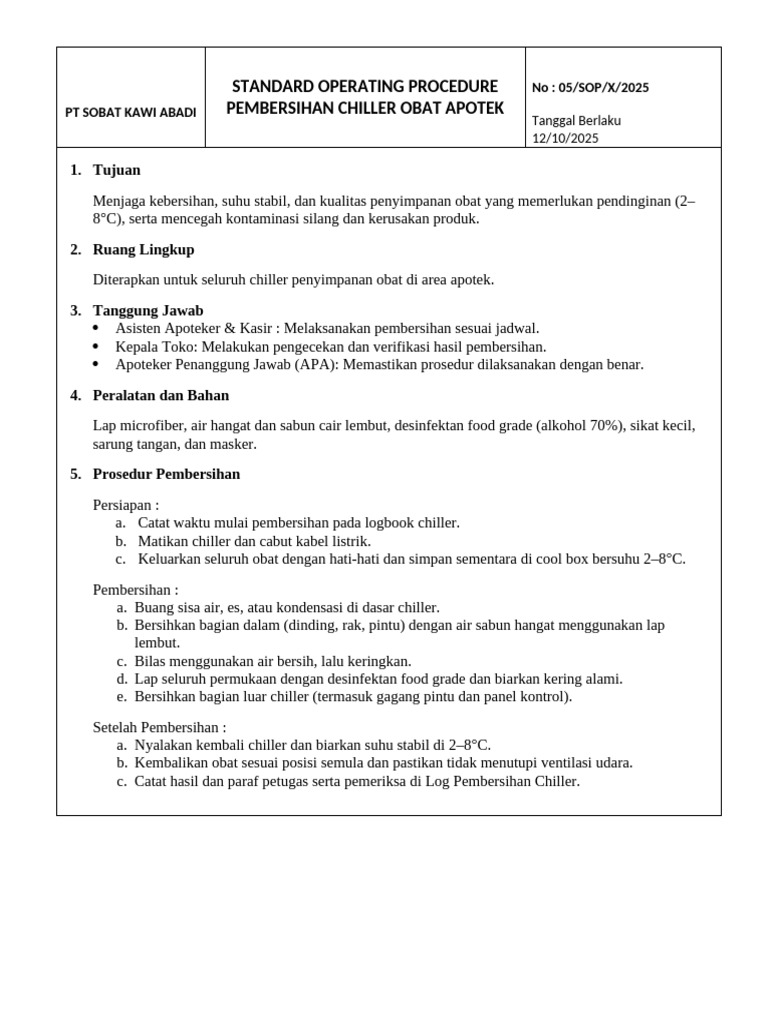 Prosedur Pembersihan Chiller Obat | PDF