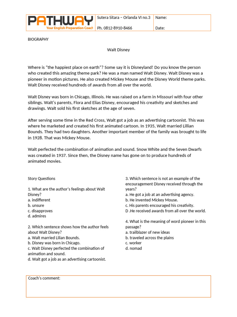 5th Grade Biography | PDF | Walt Disney | The Walt Disney Company