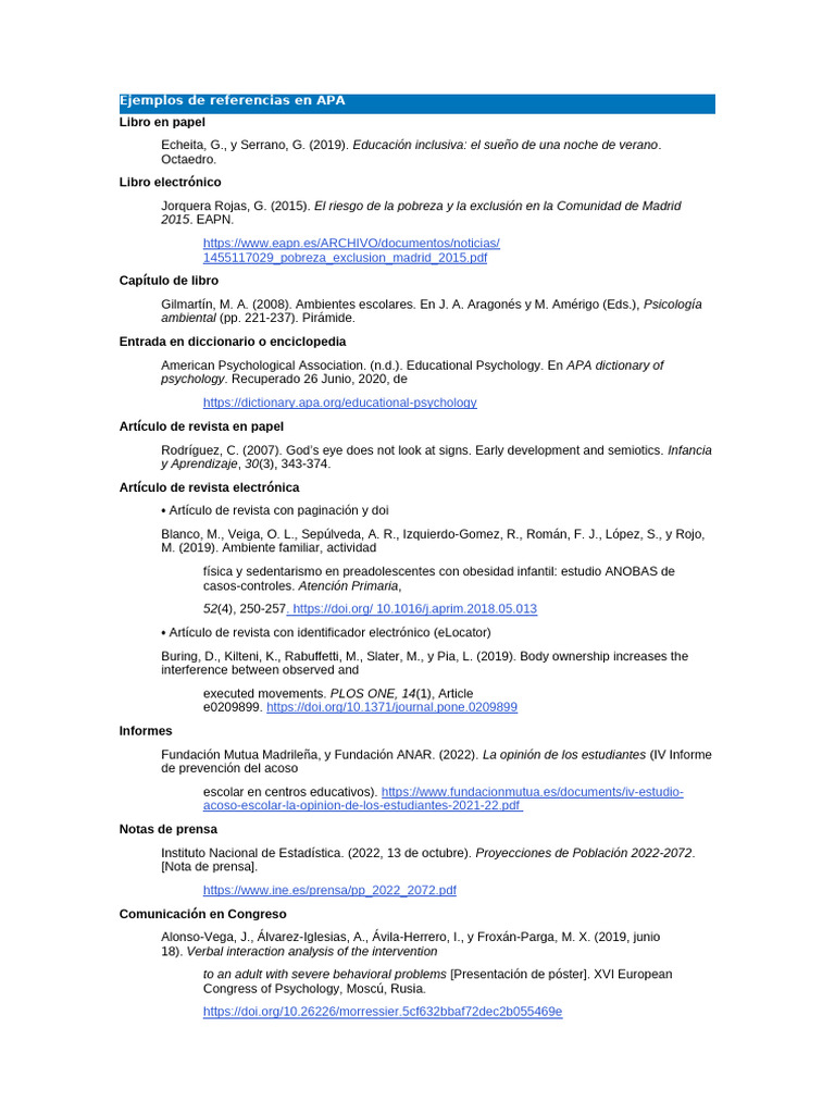 Ejemplos de referencias en formato APA | PDF | Estilo apa | Sicología