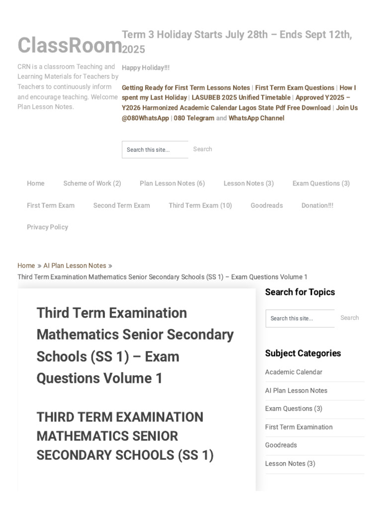 Third Term Examination Mathematics Senior Secondary Schools (SS 1 ...