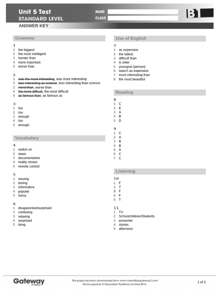 B1 UNIT 5 Test Answer Key Standard | PDF | Linguistics | Human ...