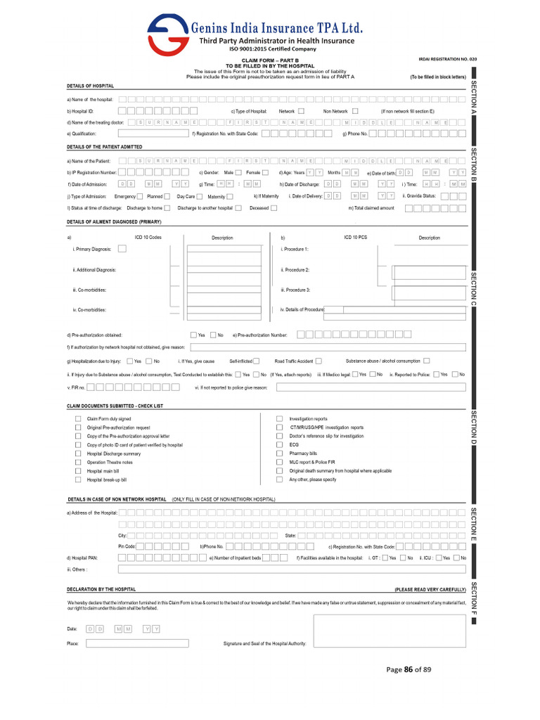 Form B Cashless Claim Form 1 | PDF