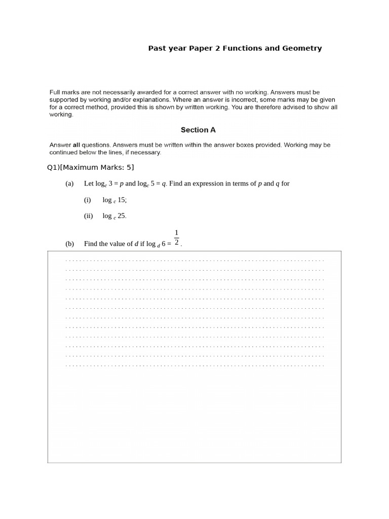Past Year Paper 2 Functions and Geometry Practice | PDF