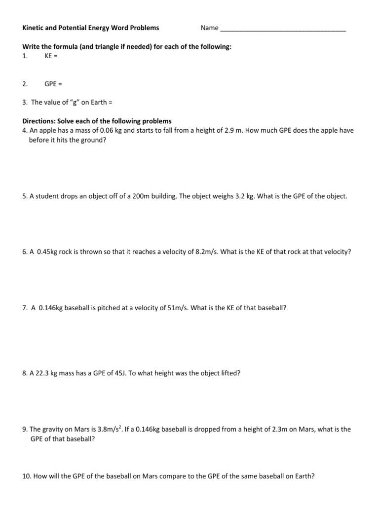 Kinetic and Potential Energy Word Problems Name | PDF