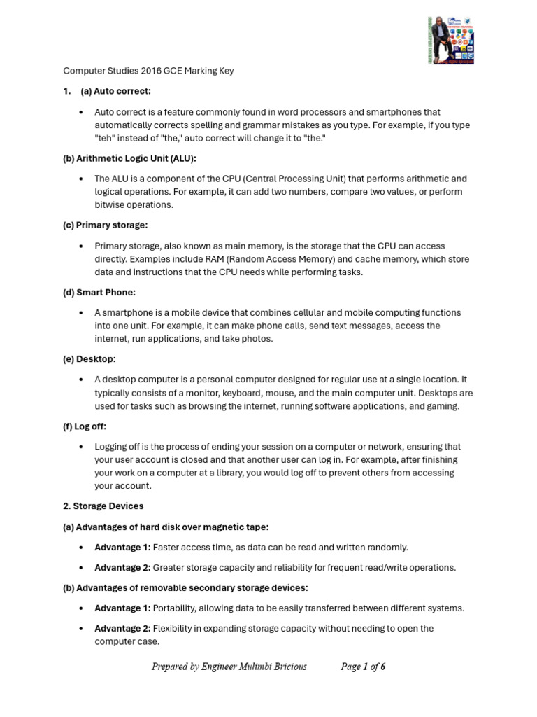 Computer Studies 2016 GCE Marking Key | PDF | Computer Data Storage ...