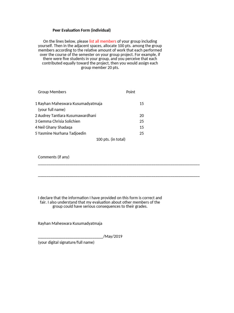 Peer Evaluation Form for Group Projects | PDF