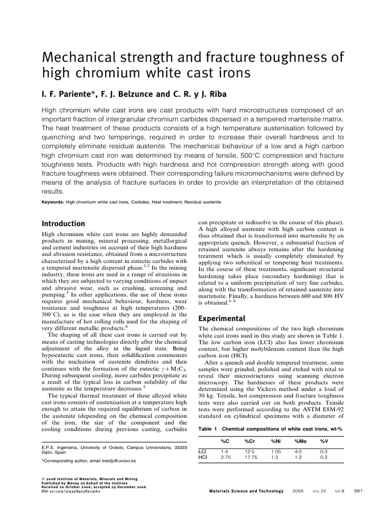 Mechanical Strength and Fracture Toughness of High Chromium White Cast ...