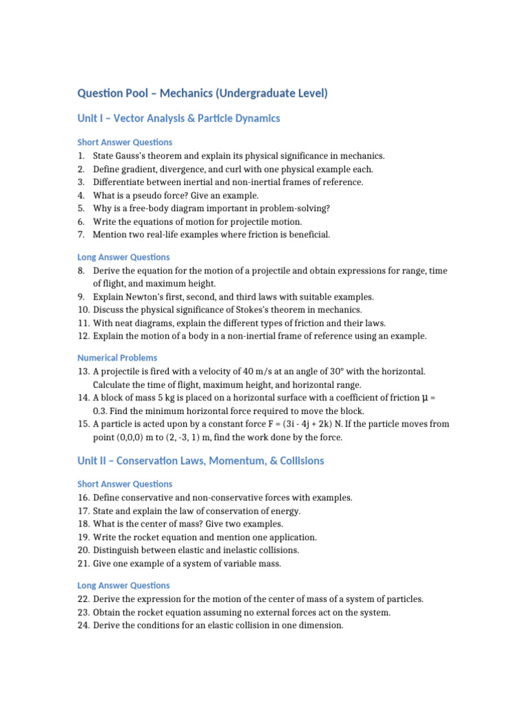 Mechanics Question Pool for Undergraduates | PDF | Collision | Force