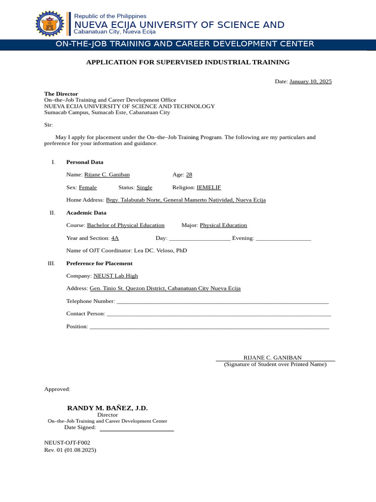 NEUST OJT F002 Application For Supervised Industrial Training 1 | PDF