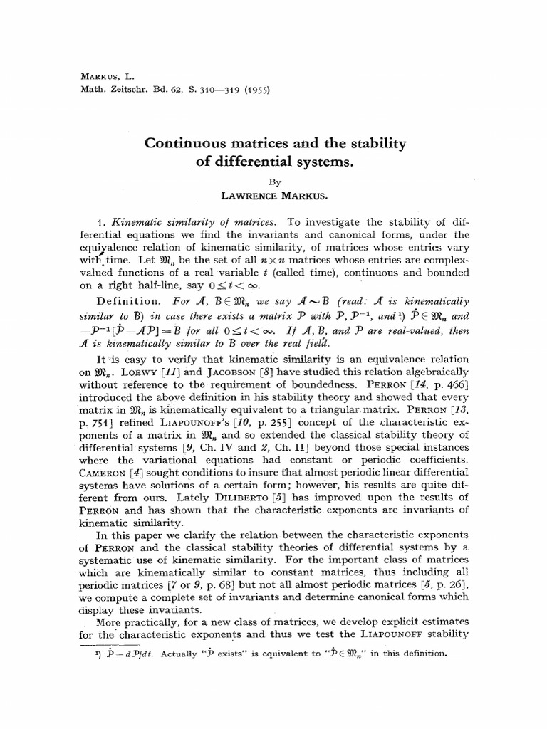 Stability of Differential Systems - Markus 1955 | PDF | Matrix (Mathematics) | Eigenvalues And ...