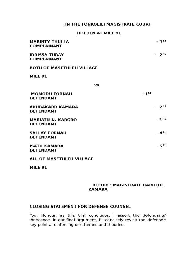 Tonkolili Court Case: Defense Closing Statement | PDF | Burden Of Proof ...