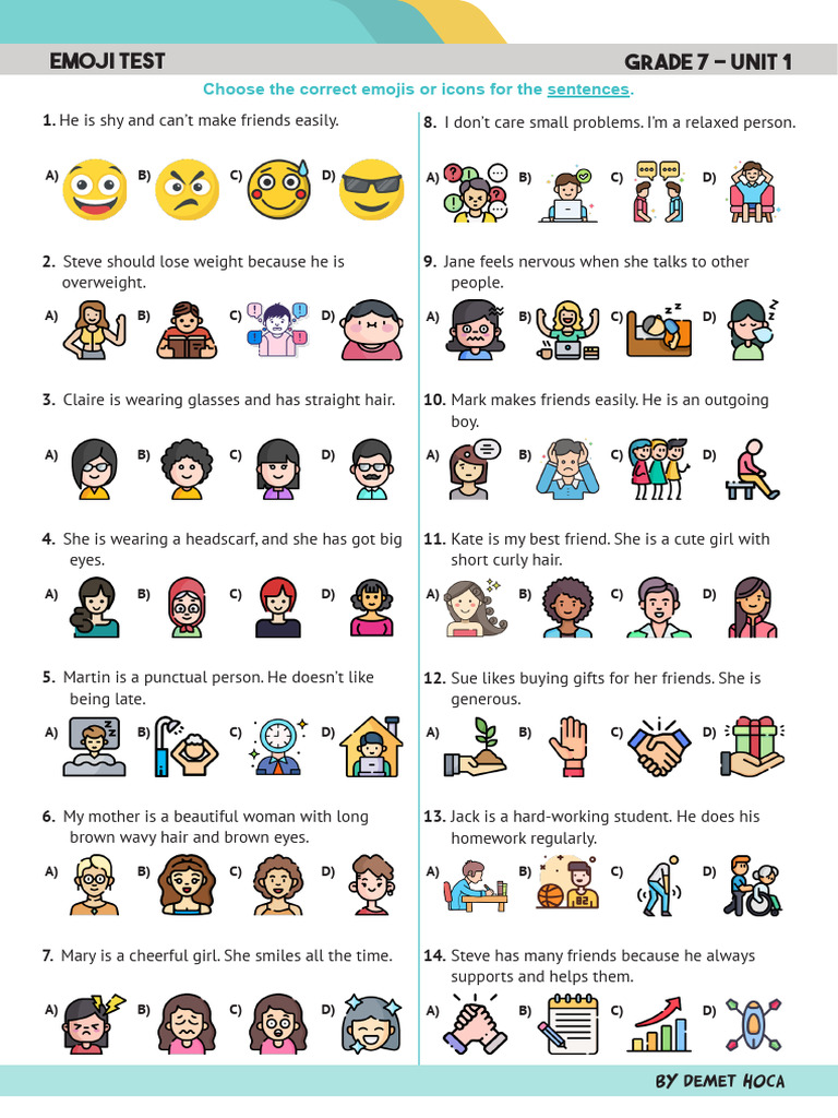 Emoji Selection Activity for Grade 7 | PDF