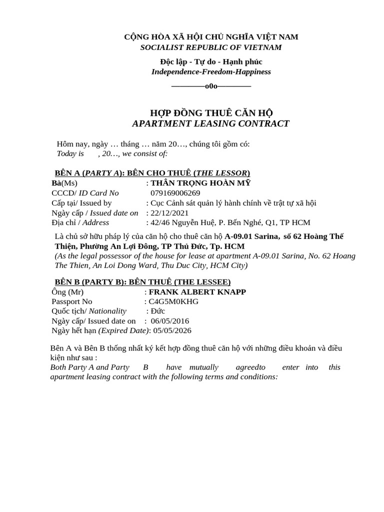 Apartment Leasing Contract Sarina A-09.01 | PDF