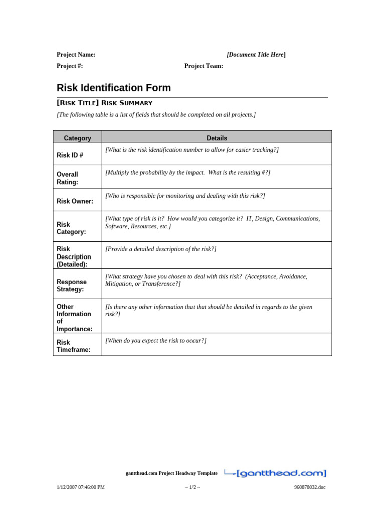 PH Project Risk Identification Form | PDF | Risk