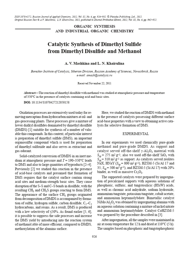 Catalytic Synthesis of Dimethyl Sulfide From Dimethyl Disulfide and ...