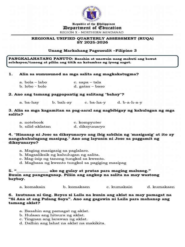 Filipino 3 RUQA Quarter 1 | PDF